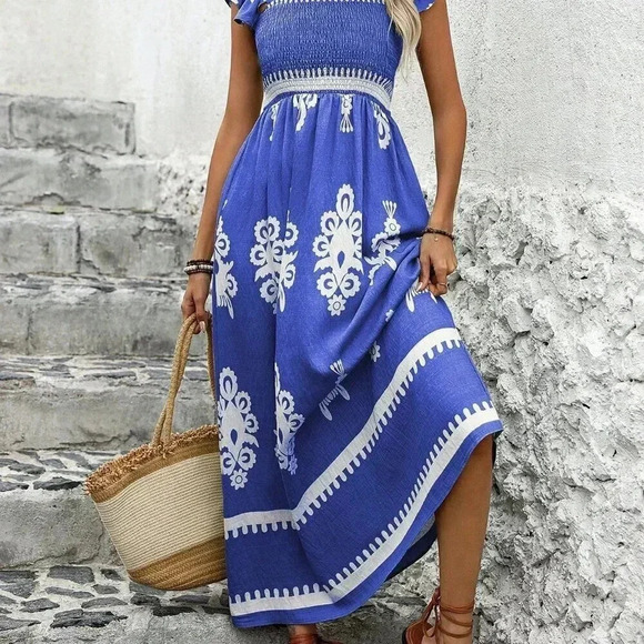Dresses | Royal Blue Boho Womens Vintage Style Printed Square Neckline ...